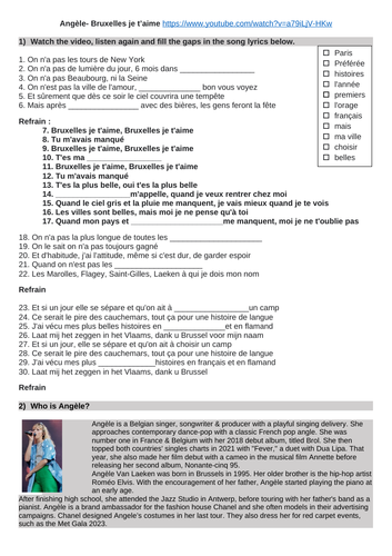 Song: Bruxelles, je t'aime/ Angèle / Belgium history | Teaching Resources
