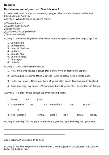 End of year revision- Year 7 Spanish | Teaching Resources