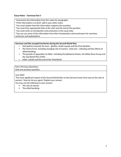 IGCSE - Paper 1 – Germany - Part 5 - Essay Notes | Teaching Resources