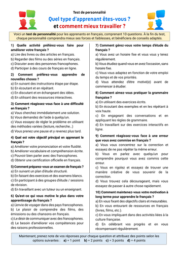 [French FFL FLE] Personality test - Test de personnalité | Teaching ...