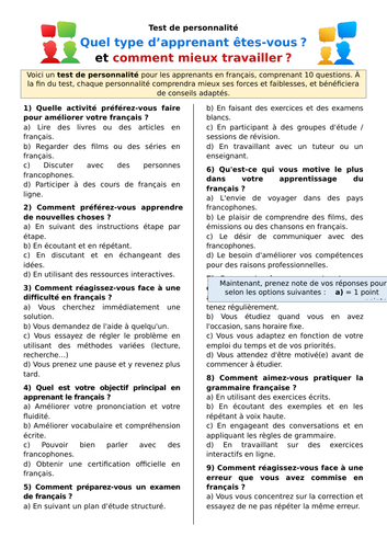 [French FFL FLE] Personality test - Test de personnalité | Teaching ...