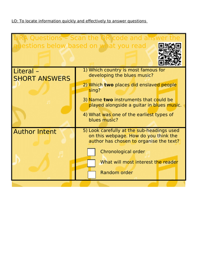 Reading Comprehension - Blues Music (Website reading) | Teaching Resources