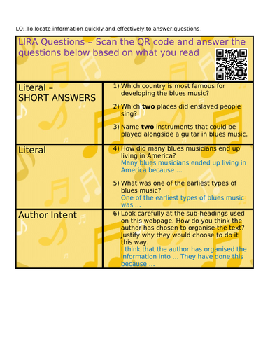 Reading Comprehension - Blues Music (Website reading) | Teaching Resources
