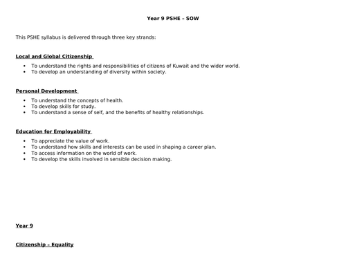 Complete Year 9 PSHE lessons and SOW (Suitable for Middle East and ...