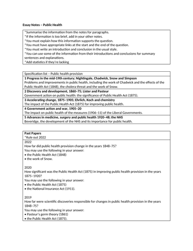 Medicine – Public Health - Essay Notes - IGCSE Paper 2 | Teaching Resources