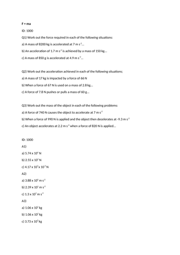 Worksheets for F=ma calculations | Teaching Resources