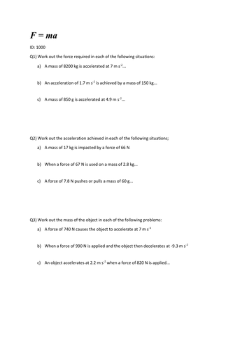 Worksheets for F=ma calculations | Teaching Resources