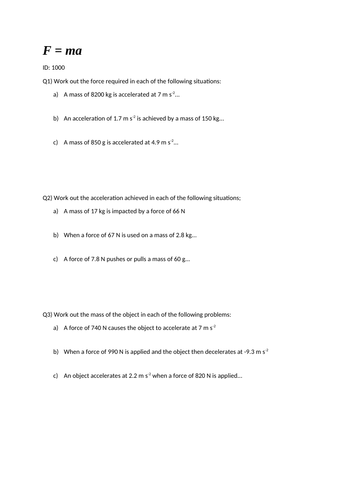 Worksheets for F=ma calculations | Teaching Resources