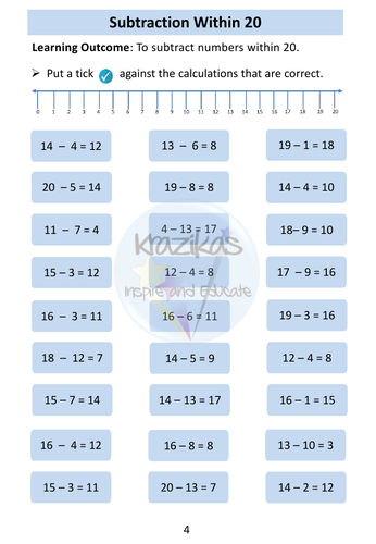 Aqa Entry Level 1 Maths Subtraction Within 20 Teaching Resources