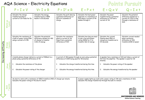 AQA Electricity Equations - POINTS PURSUIT | Teaching Resources