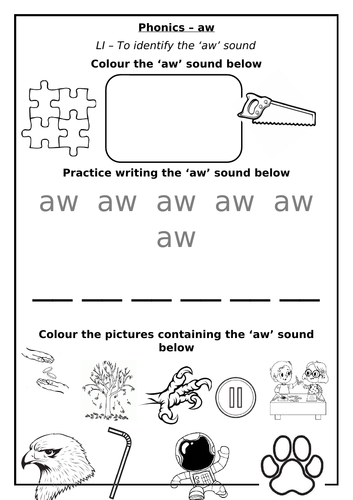 aw Phonics Worksheets, including aw wordsearch | Teaching Resources
