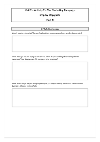 Unit 2: Developing a Marketing Campaign - Activity 2- The Marketing ...