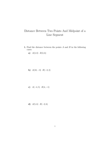 Distance Between Two Points And Midpoint of a Line Segment Worksheet No ...