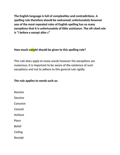 Year 6 English Language spelling lesson ; exceptions to 'i before e ...