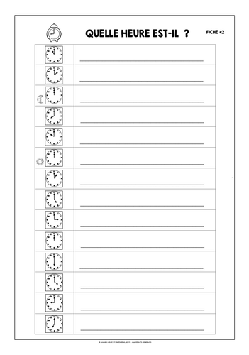 FRENCH TELLING THE TIME O'CLOCK WORKSHEETS FREEBIE | Teaching Resources