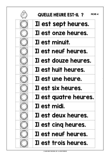 FRENCH TELLING TIME O'CLOCK WORKSHEETS FREEBIE | Teaching Resources