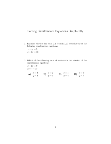 Solving Simultaneous Equations Graphically Worksheet No 2 (with ...