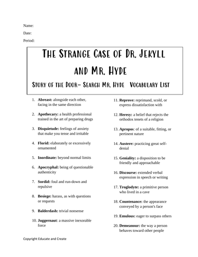 The Strange Case of Dr.Jekyll and Mr. Hyde Vocabulary Lists and Quizzes ...