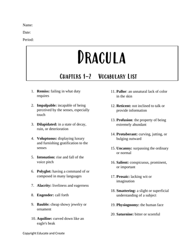 Dracula Vocabulary Lists and Quizzes | Teaching Resources
