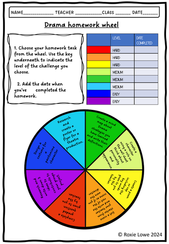 Drama Homework Wheel | Teaching Resources