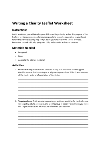 Writing a Charity Leaflet Activity | Teaching Resources