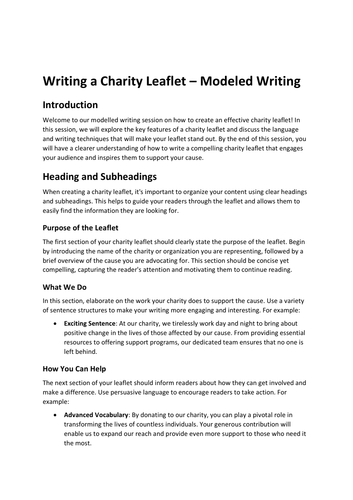 Writing a Charity Leaflet Activity | Teaching Resources