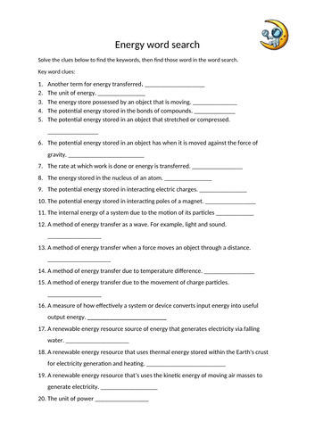 KS3/4 Energy word search | Teaching Resources