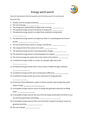 KS3/4 Energy word search | Teaching Resources
