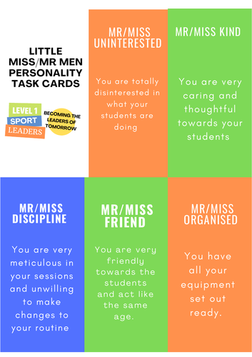 Leadership - Little Miss/Mr Men - Personality task cards x15 | Teaching Resources