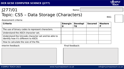 GCSE CS - Data storage (Characters) - Workbook | Teaching Resources