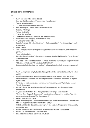 A* Othello notes A LEVEL ENGLISH LIT | Teaching Resources