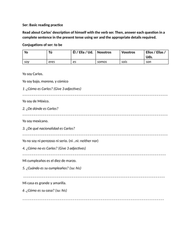 Ser: Basic reading practice (present tense) | Teaching Resources