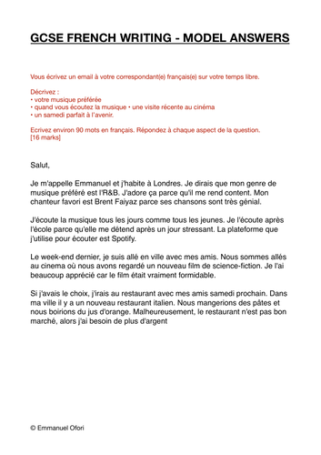 AQA GCSE French Writing model answers | Teaching Resources AQA GCSE French Writing model answers | Teaching Resources