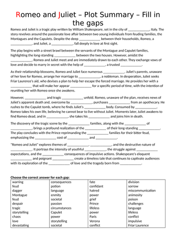 Romeo and Juliet Plot Summary Cloze Activity | Teaching Resources