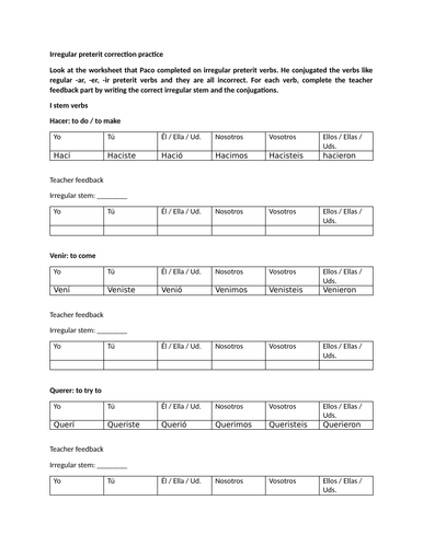 Irregular preterit correction practice | Teaching Resources