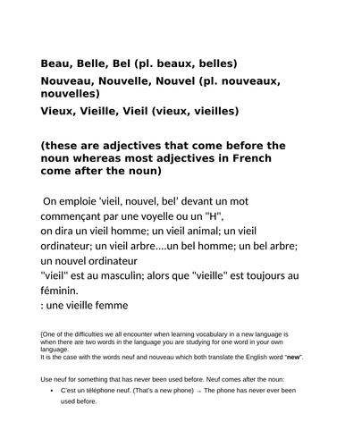 YEAR 7 FRENCH GRAMMAR; the adjectives nouveau, beau and vieux and their ...