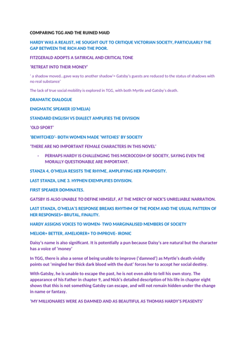 A* notes comparing Gatsby and the Poetry anthology | Teaching Resources