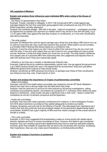 AQA Politics 9 Marker Legislative Plans | Teaching Resources