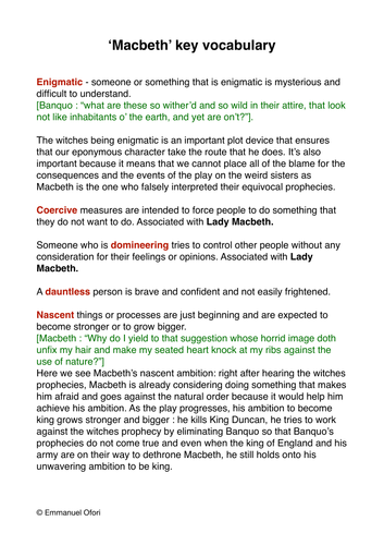 Macbeth Essay - Key Vocabulary | Teaching Resources