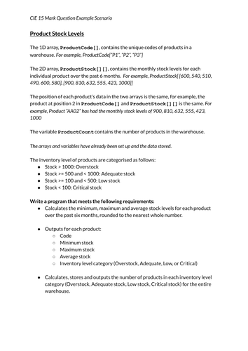 Stock Levels - CIE IGCSE 15 Mark Programming - Computer Science | Teaching Resources