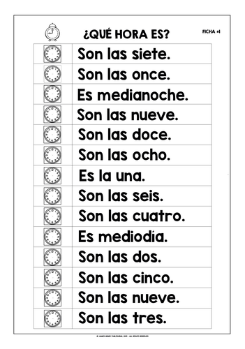 SPANISH TELLING THE TIME O'CLOCK WORKSHEETS FREEBIE | Teaching Resources