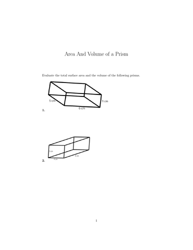 Area And Volume of a Prism Worksheet (with solutions) | Teaching Resources