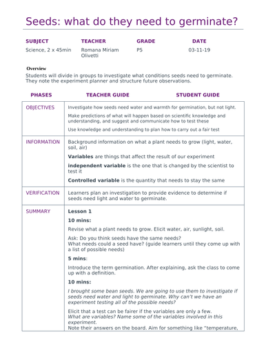 Seed germination investigation lesson plan | Teaching Resources