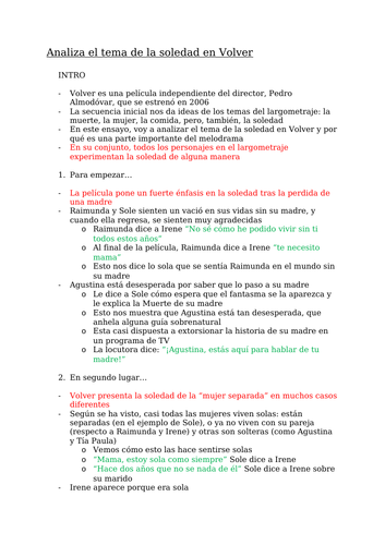 Essay plan for A level Spanish Volver | Teaching Resources