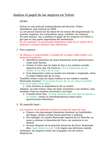Essay plan for A level Spanish Volver | Teaching Resources