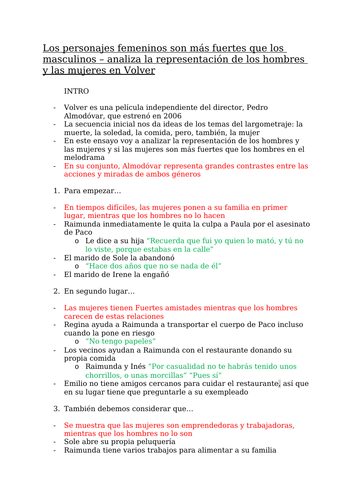 Essay plan for A level Spanish Volver | Teaching Resources