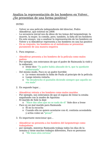 Essay plan for A level Spanish Volver | Teaching Resources