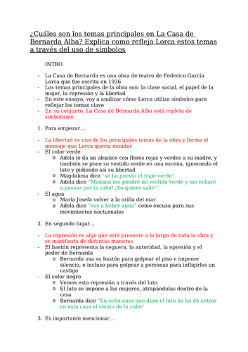 Essay plan for A level Spanish La Casa de Bernarda Alba | Teaching ...