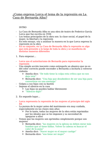 Essay plan for A level Spanish La Casa de Bernarda Alba | Teaching ...