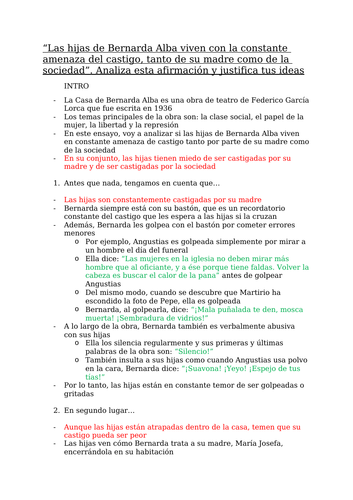 Essay plan for A level Spanish La Casa de Bernarda Alba | Teaching ...